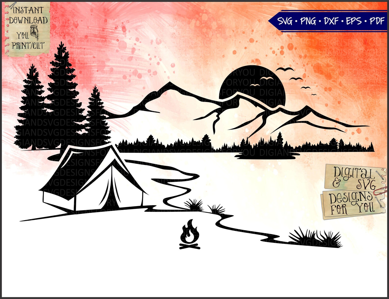 Forest Camper Svg Png Eps Dxf, Mountain Svg, Lake Camping Clipart ...