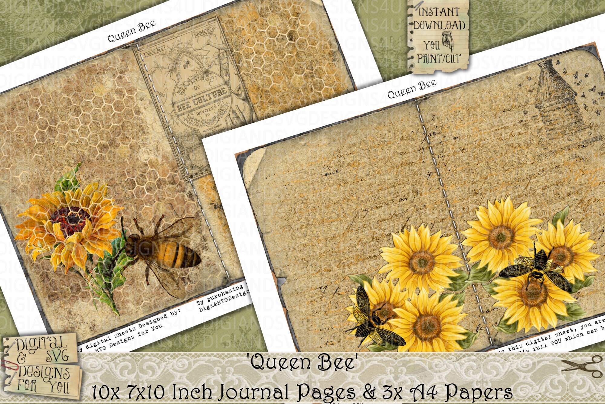 Queen Bee, Vintage, Bee Printable Paper, Sunflowers, Junk Journal, Text ...