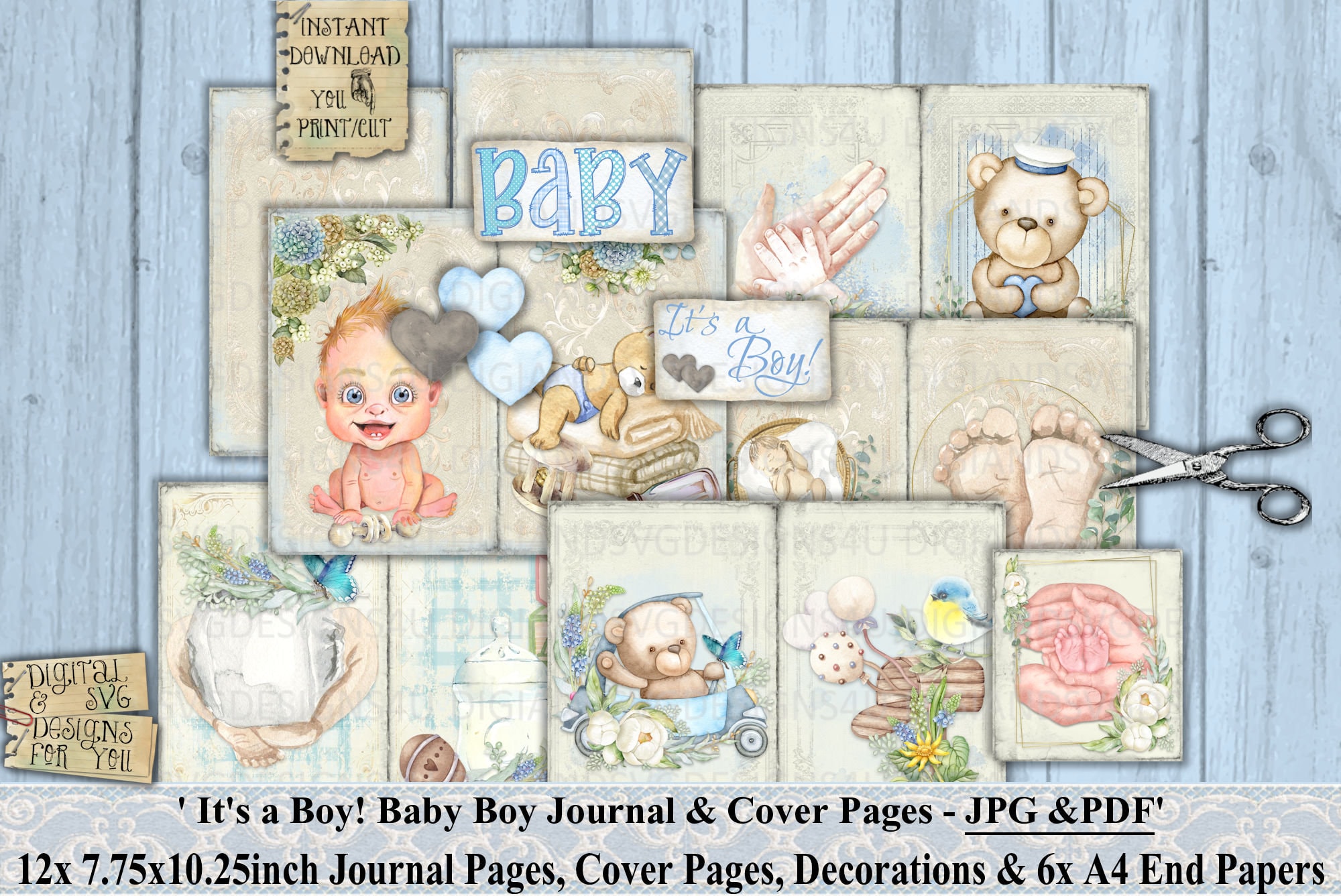 It’s a Boy, Baby Boy, Junk Journal, Pages, Vintage, Shabby Chic, Baby ...