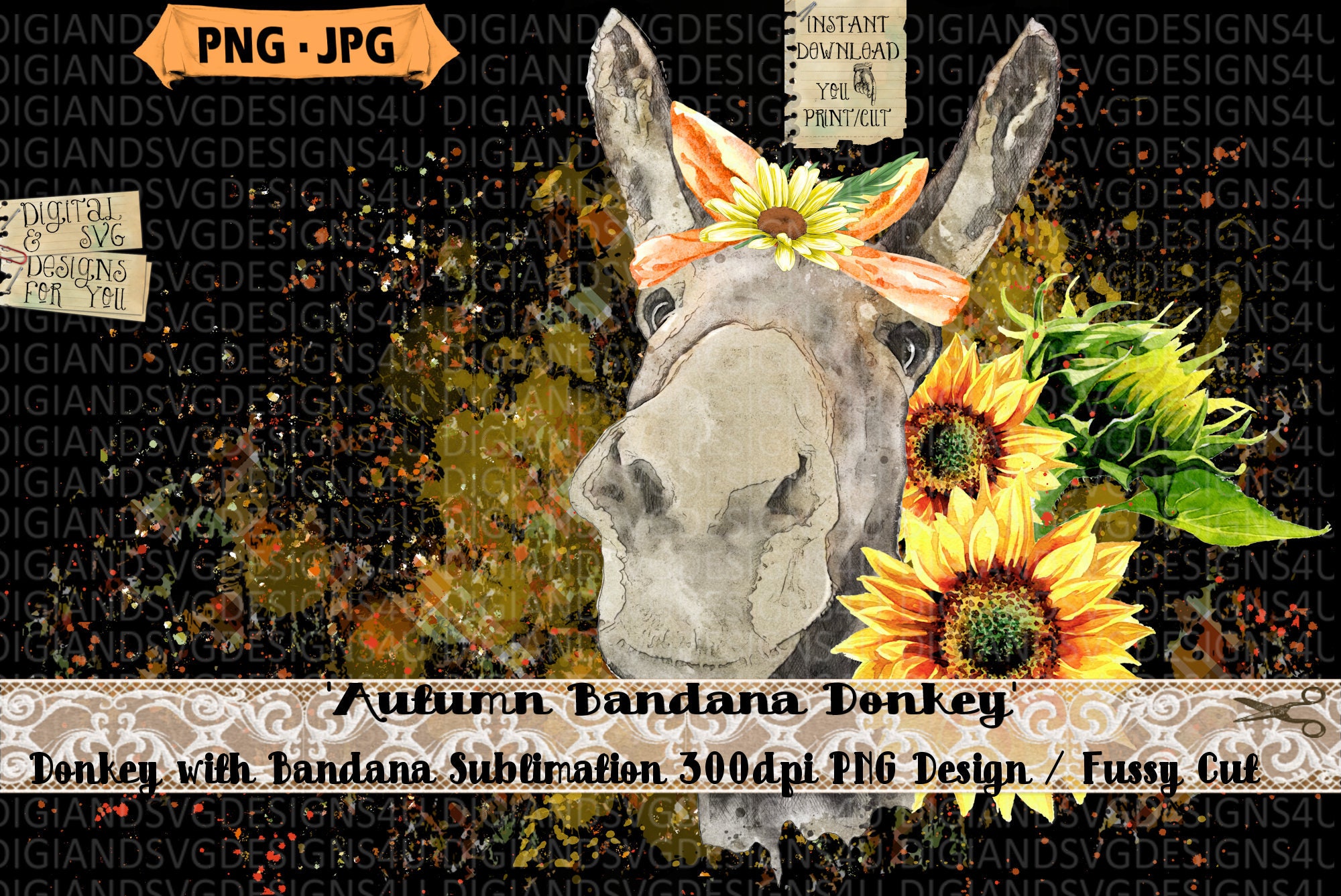 Fall Donkey Autumn Bandana Donkey Animal Sunflower - Etsy