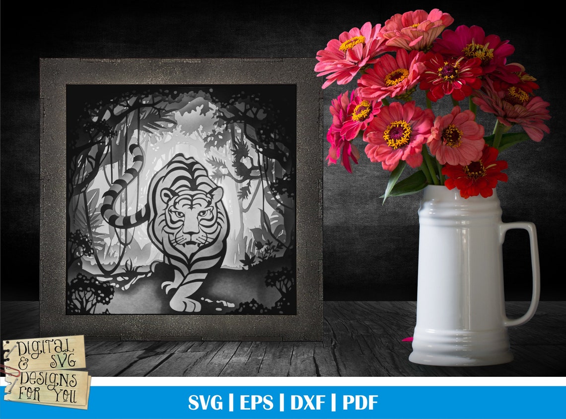Tiger in the Forest 3D Paper Cut Template, Light Box SVG, 3D Shadow Box ...