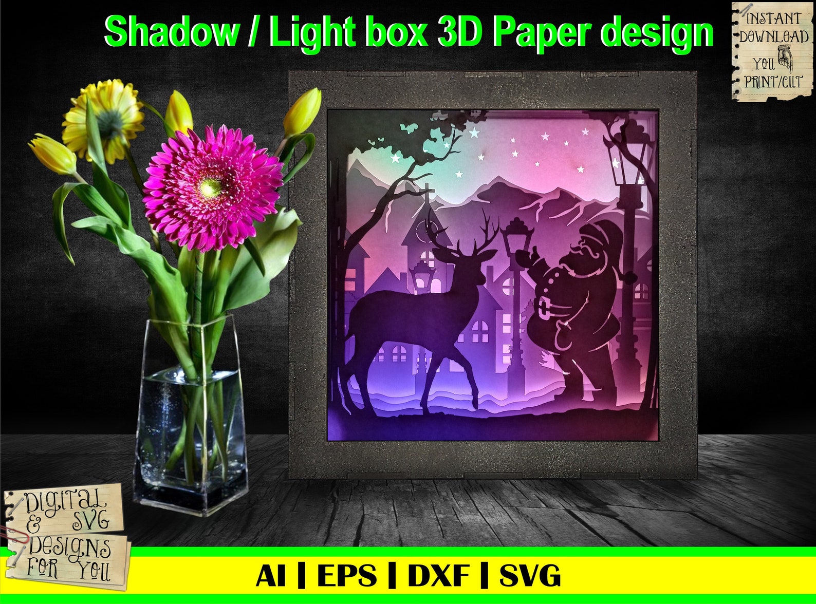 3D Christmas Bundle Vol 2 - Shadow Box Templates, 3D Light Box, Santa ...