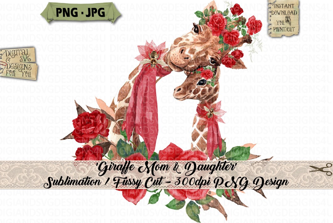 Floral Giraffe Mom and Daughter With Red Roses, Giraffe Sublimation ...