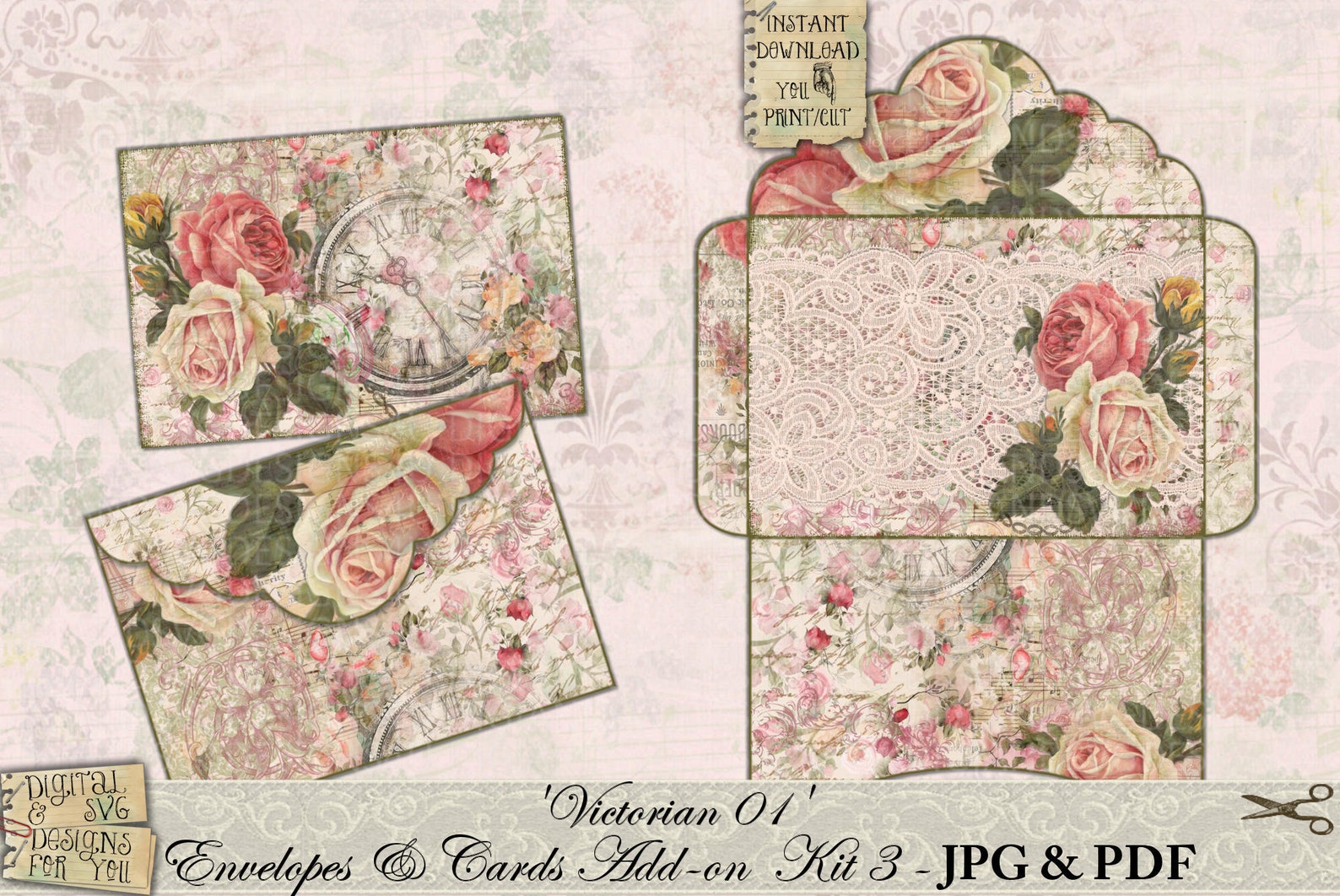 Shabby Chic, Victorian, Envelopes, Cards, Add-on 03, Junk Journal, Kit ...