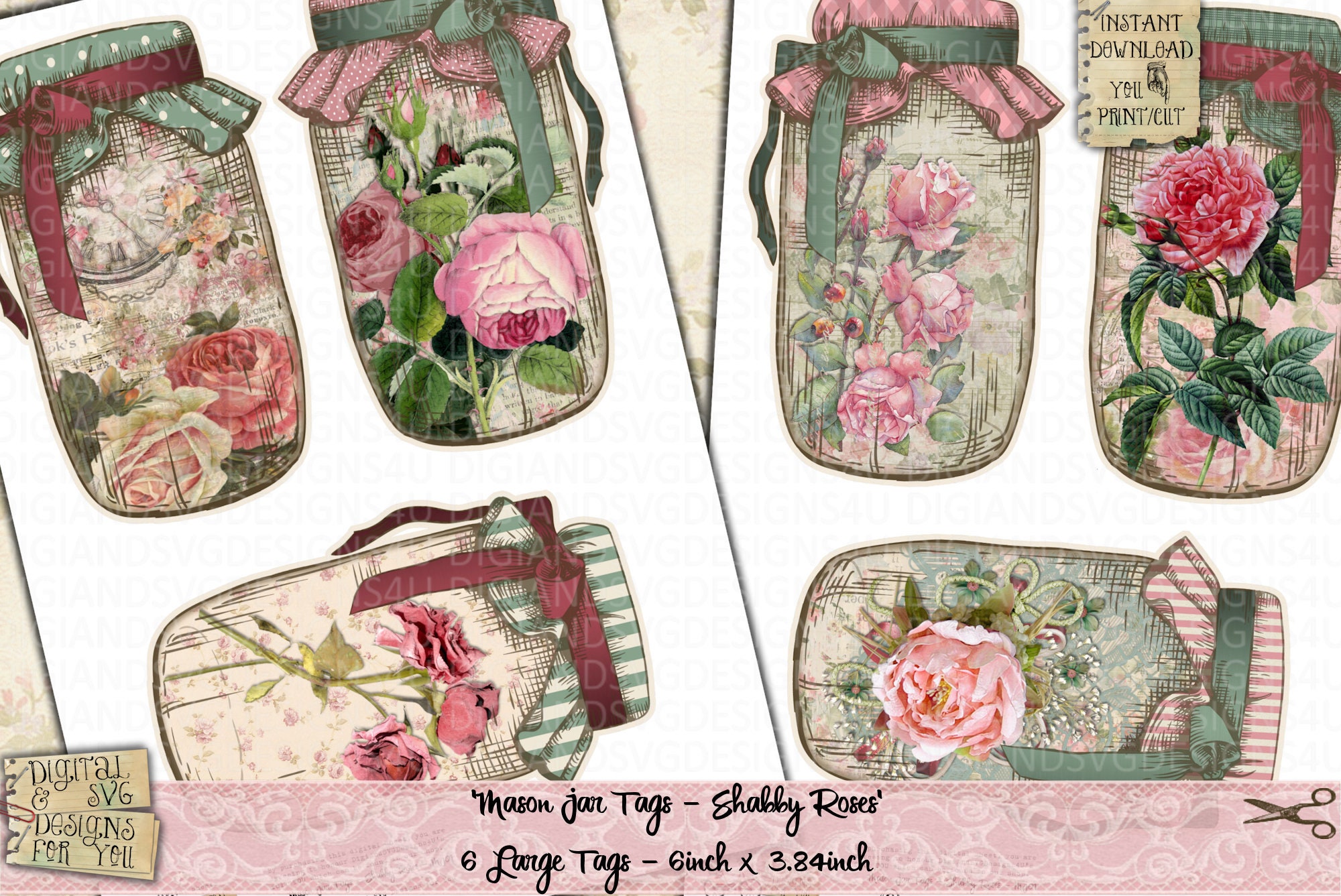 Printable Mason Jars Tags Shabby Chic Roses MJ01 Vintage - Etsy