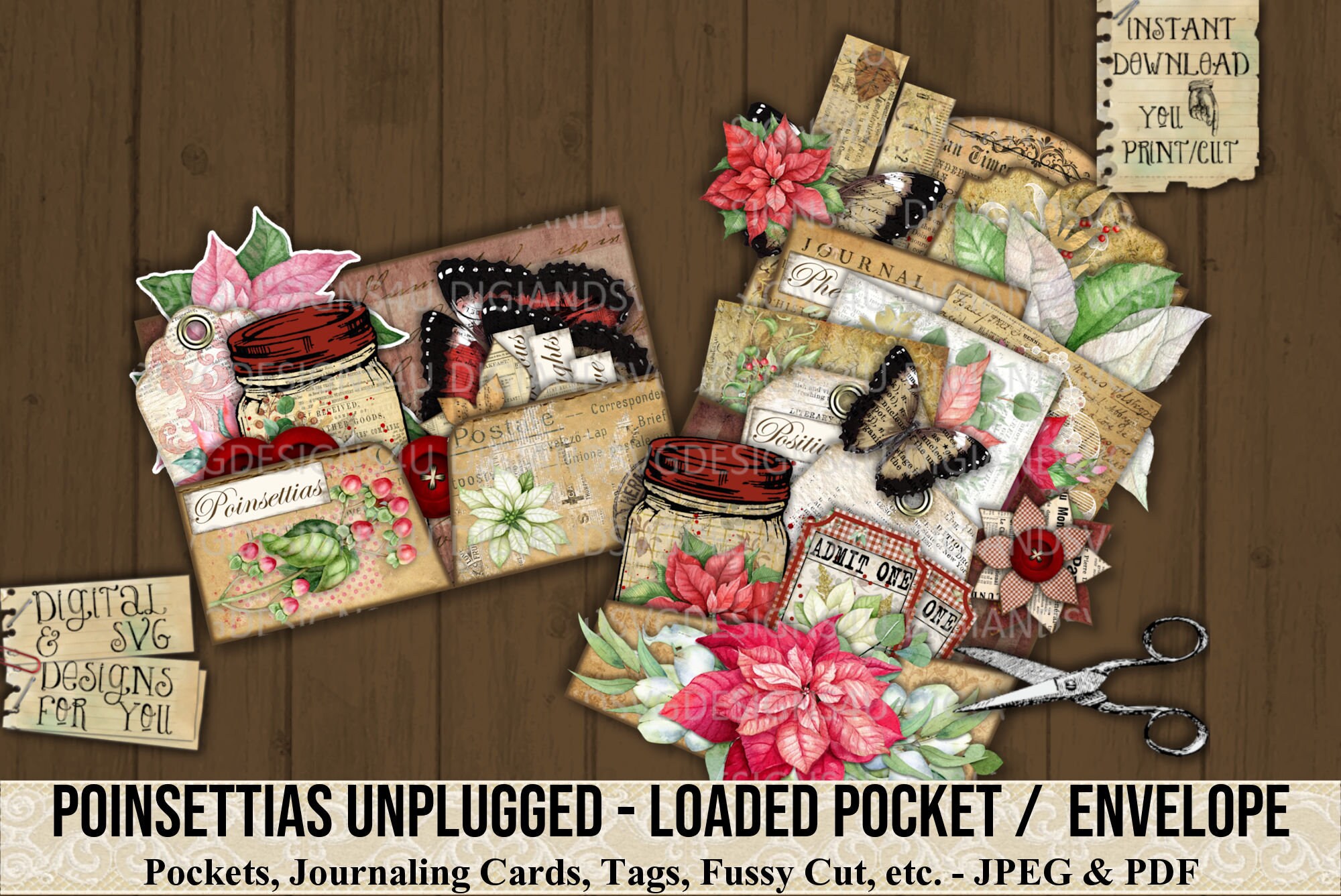 Poinsettia Loaded Pocket Envelope Shabby Vintage - Etsy