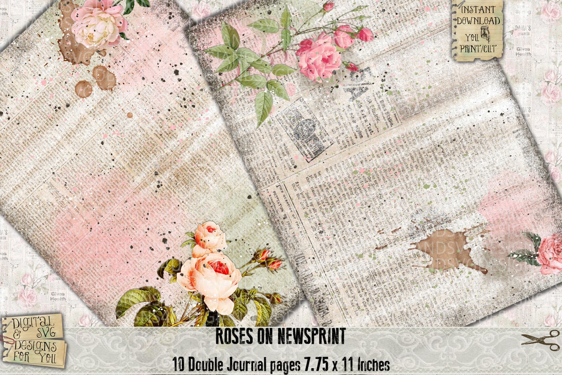 Newspaper Roses, Printable, Newsprint, Roses, Journaling Kit, Paper ...