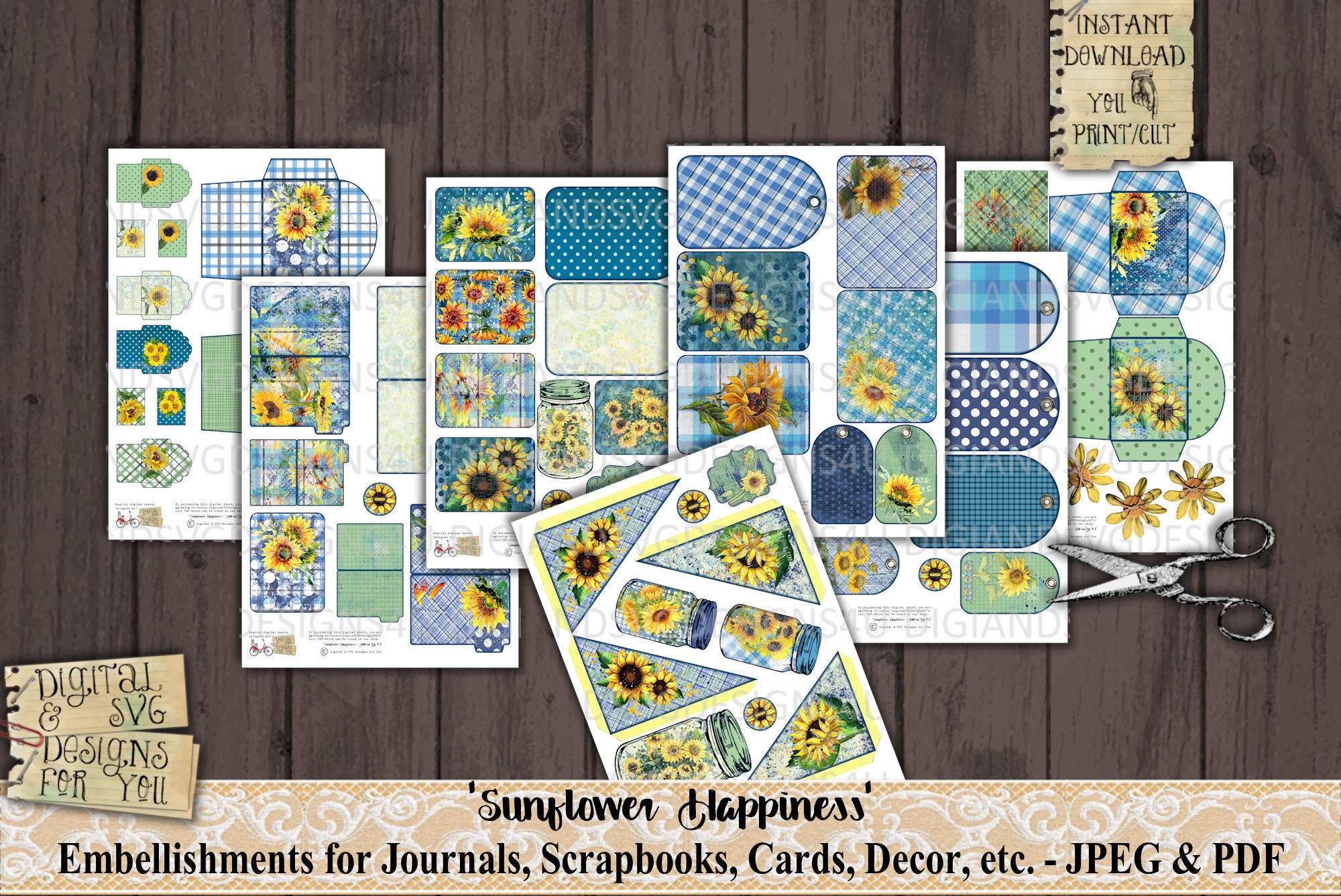 Sunflower Happiness Sunflower Ephemera Printable Cards - Etsy