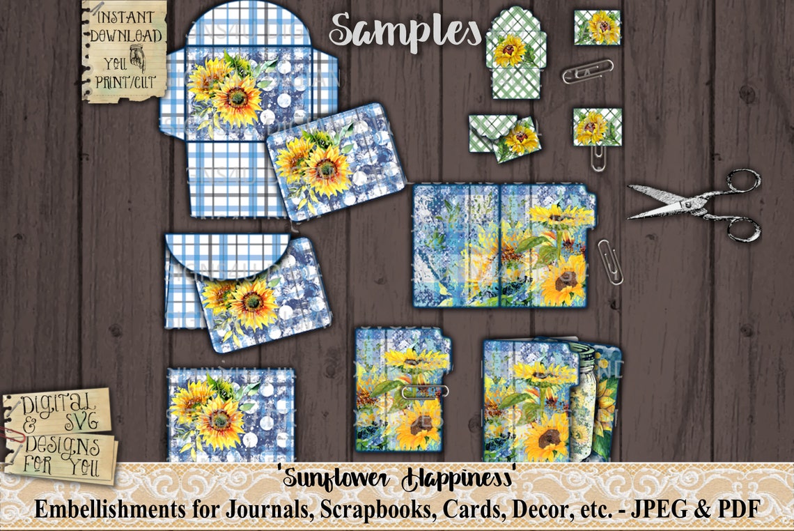 Sunflower Happiness, Sunflower, Ephemera, Printable, Cards, Envelopes ...