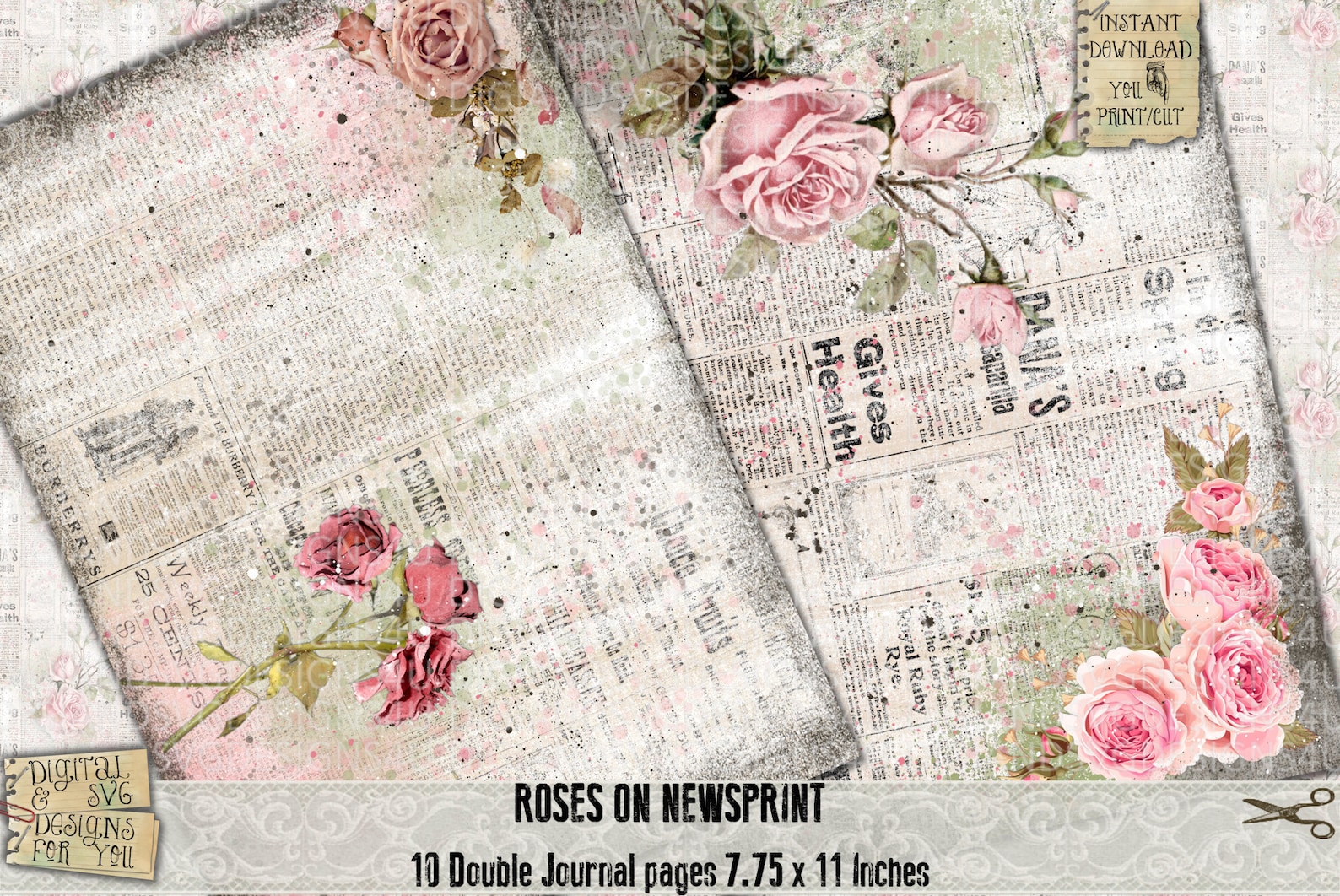 Newspaper Roses, Printable, Newsprint, Roses, Journaling Kit, Paper ...