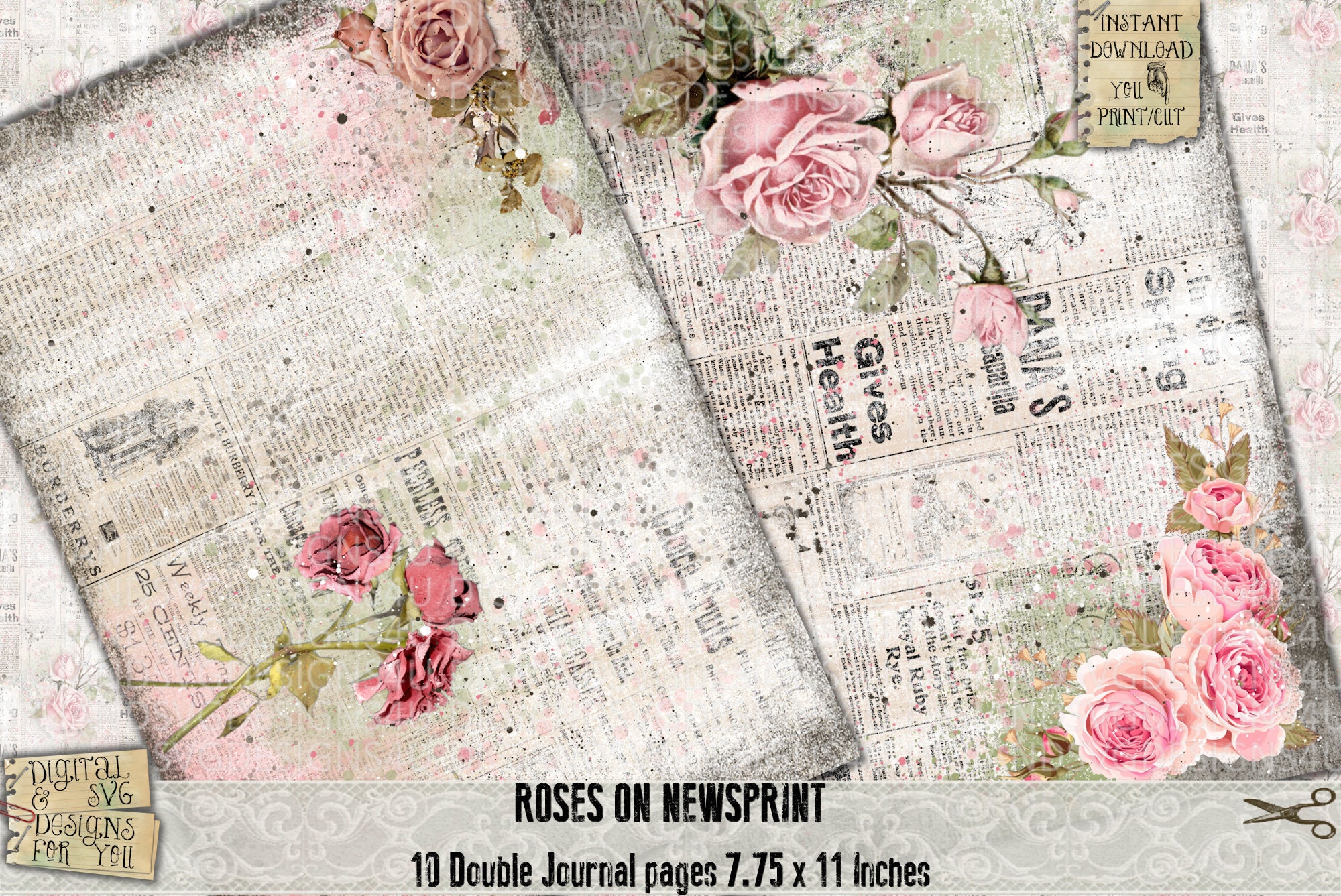 Newspaper Roses, Printable, Newsprint, Roses, Journaling Kit, Paper ...