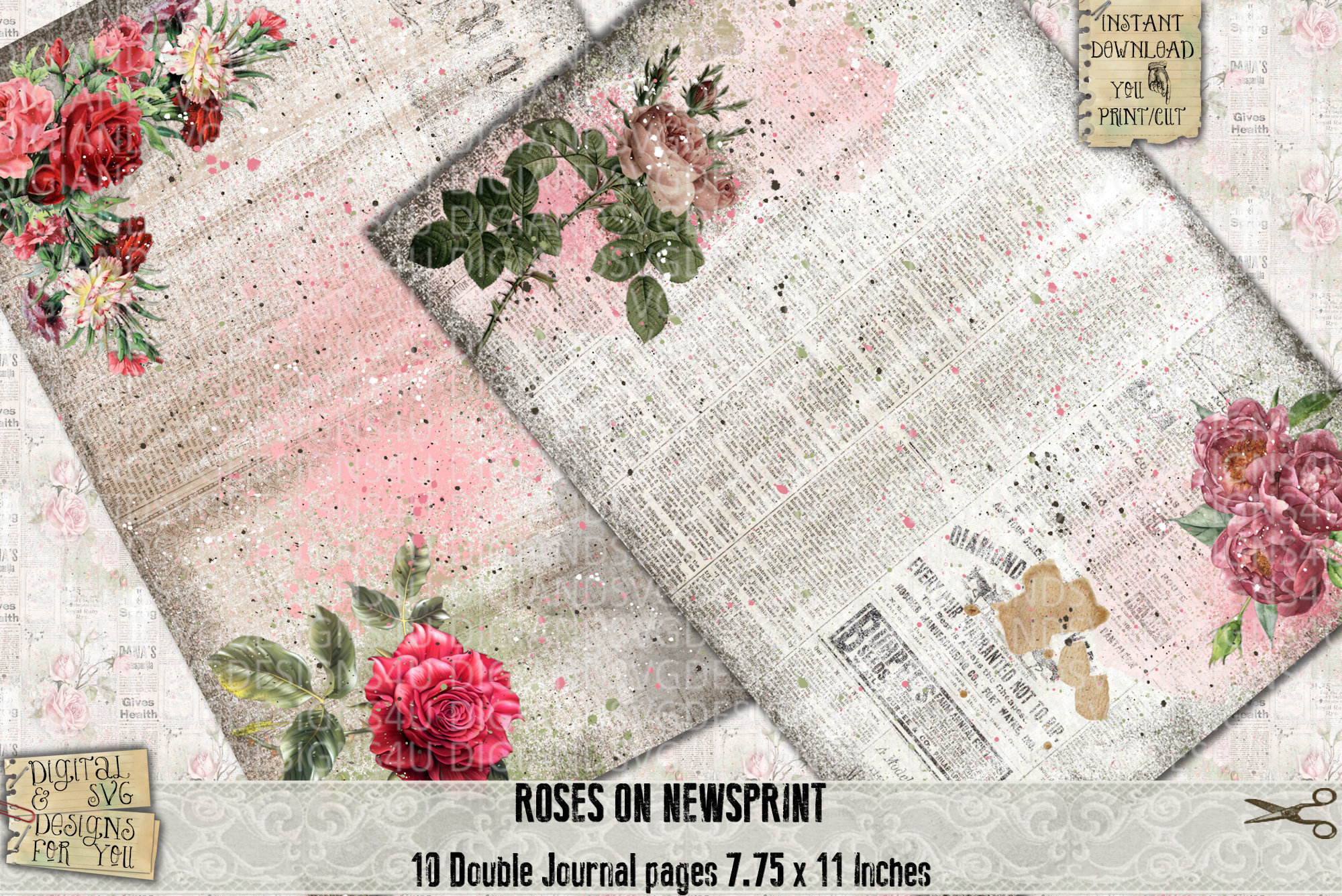 Newspaper Roses, Printable, Newsprint, Roses, Journaling Kit, Paper ...