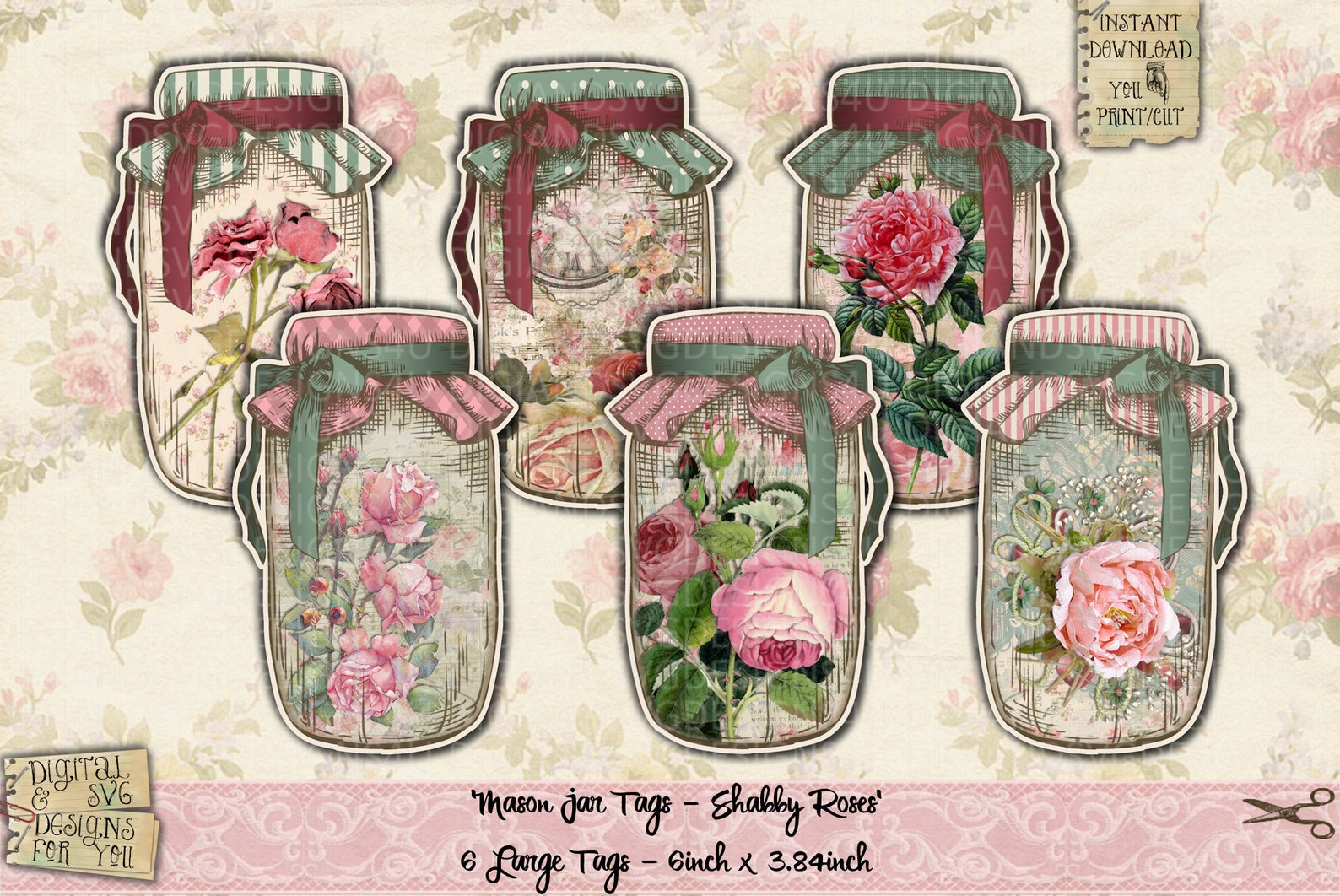 Printable Mason Jars Tags Shabby Chic Roses MJ01 Vintage - Etsy