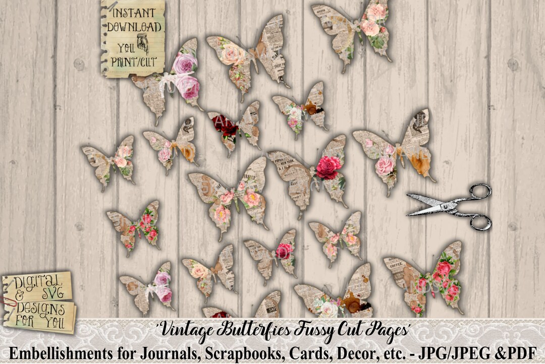 Vintage, Floral, Butterflies, Fussy Cut, Shabby, Grunge, Printable ...