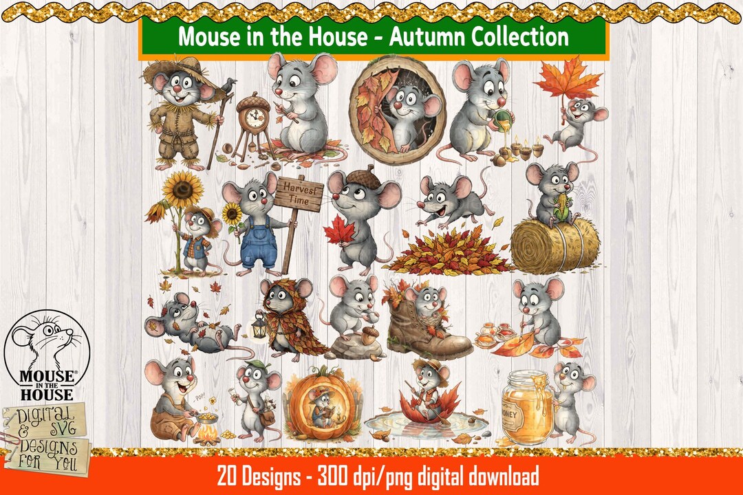 Fall Mouse in the House Clipart Bundle, 20 Autumn PNG 300 DPI, Cute ...