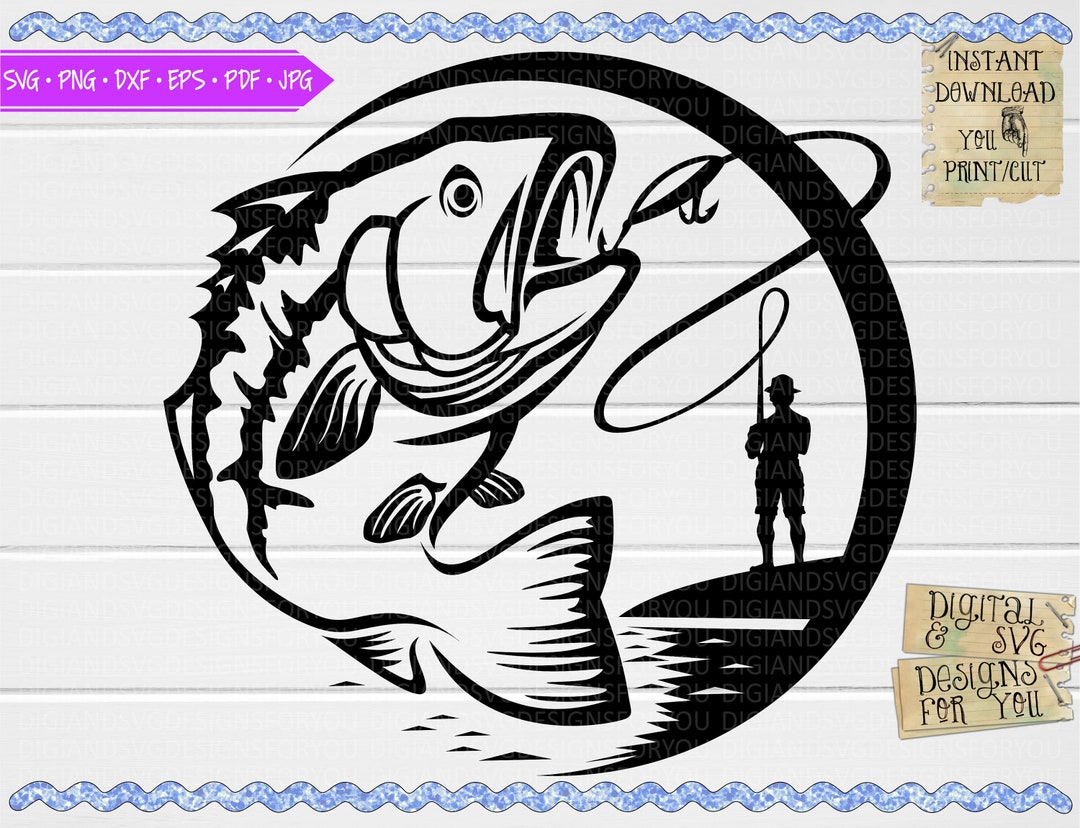 Bass Fishing Svg, Bass Svg, Fishing Svg Dxf Png Eps, Fishing Scene Svg ...