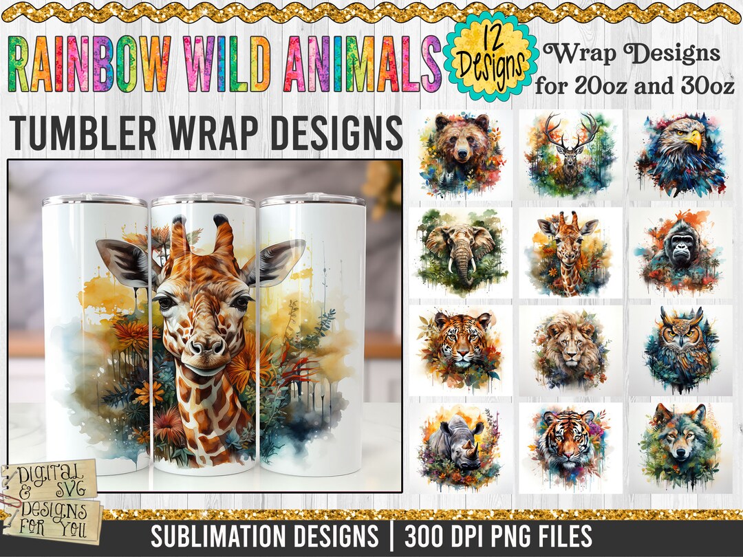 12 Rainbow Wild Animals PNG Bundle, Straight Tumbler Design, Tumbler ...