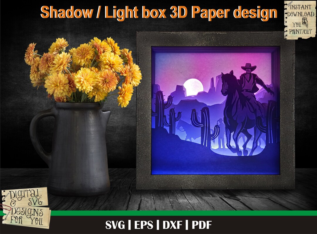 Cowboy Wild West 3D Paper Cut Template, Light Box SVG, 3D Shadow Box ...