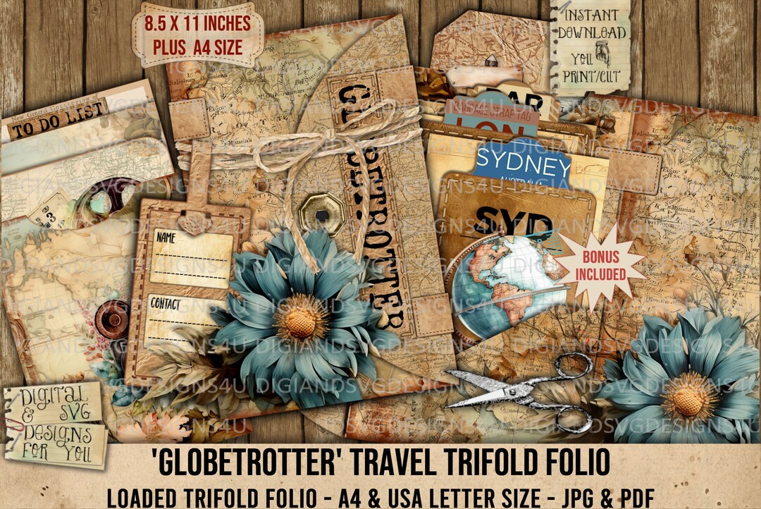 Globetrotter Travel Folio, Trifold, Loaded Folder, Ephemera, Words ...