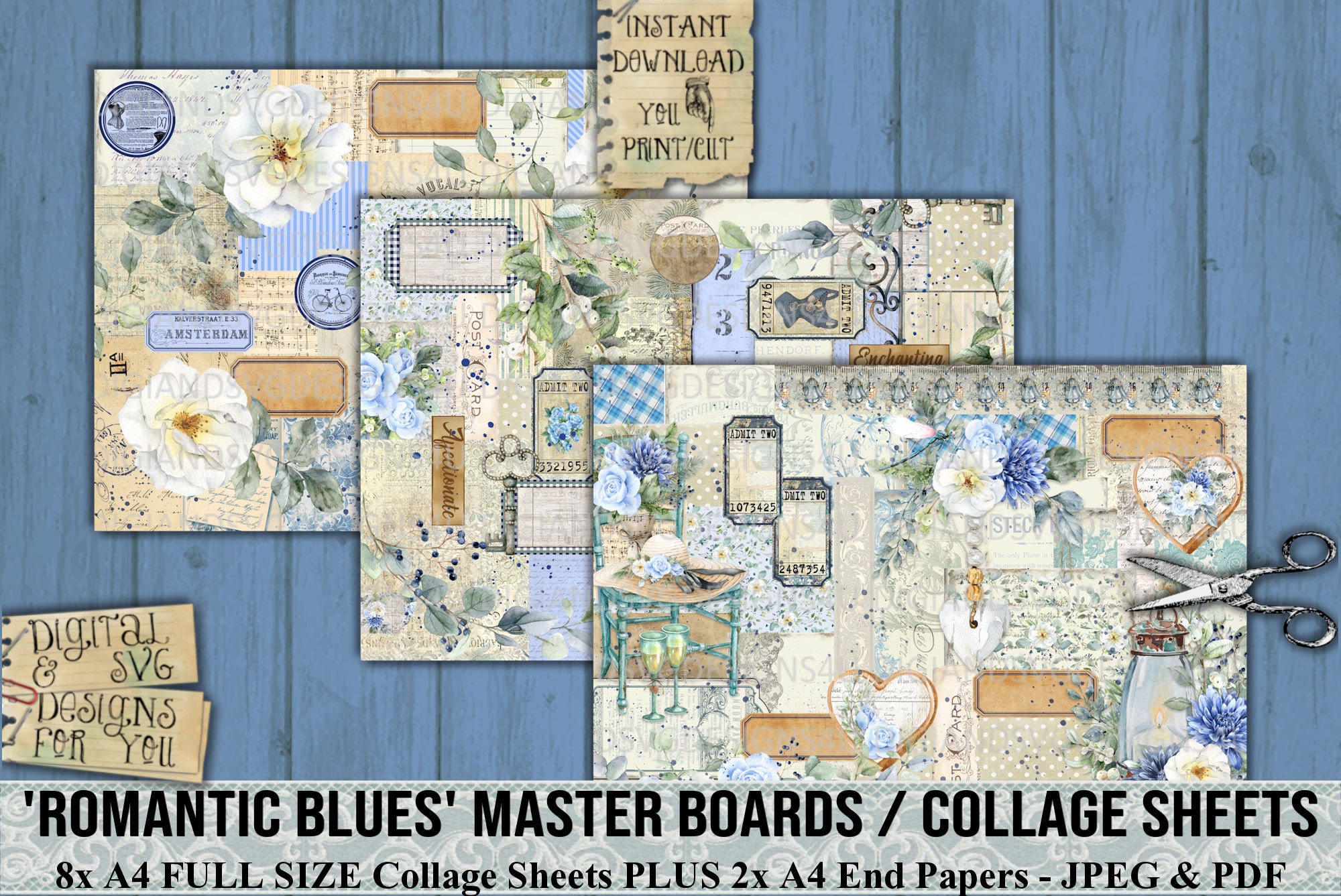 Romantic Blues, Collage Sheets, Shabby, Vintage, Master Board, Roses ...