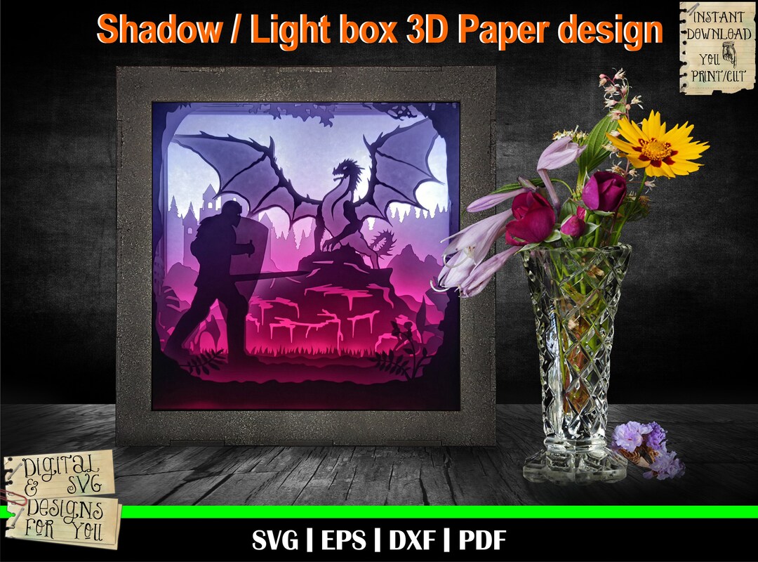 Dragon Slayer - 3D Paper Cut Template, Light Box SVG, 3D Shadow Box SVG ...