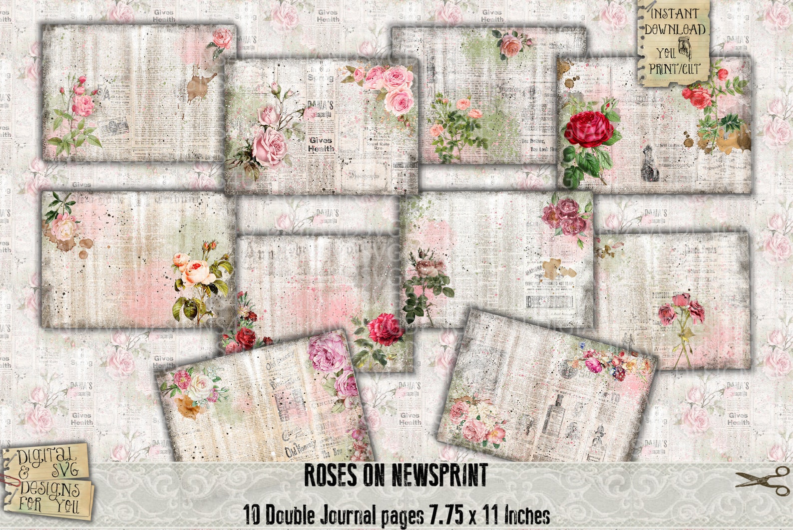 Newspaper Roses, Printable, Newsprint, Roses, Journaling Kit, Paper ...