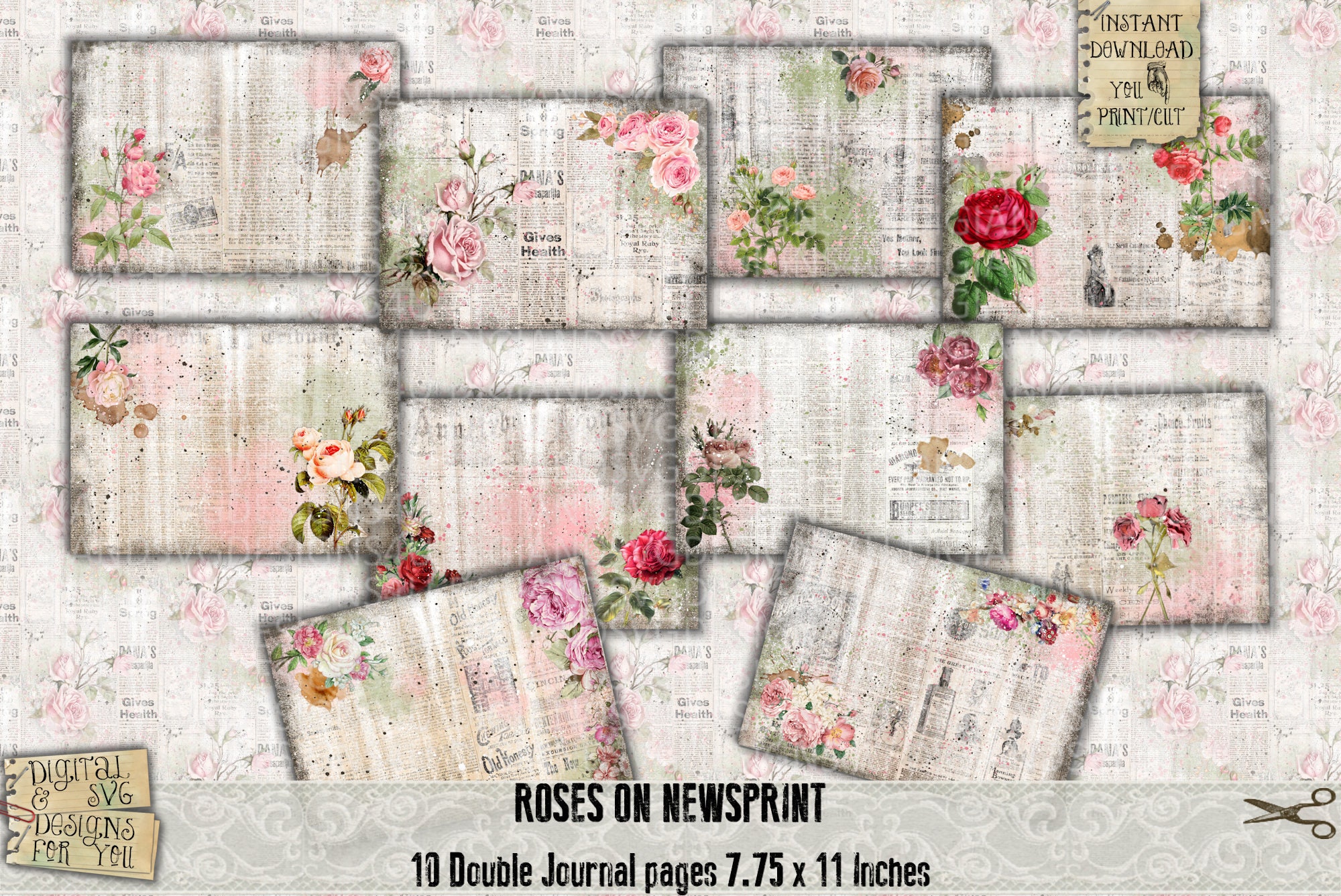 Newspaper Roses, Printable, Newsprint, Roses, Journaling Kit, Paper ...