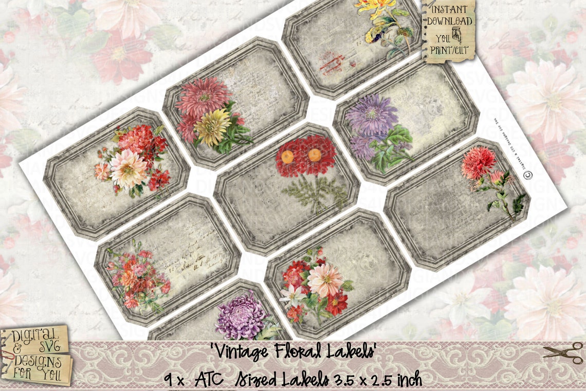 Vintage Labels Floral ATC Grunge Printable Junk Journal - Etsy