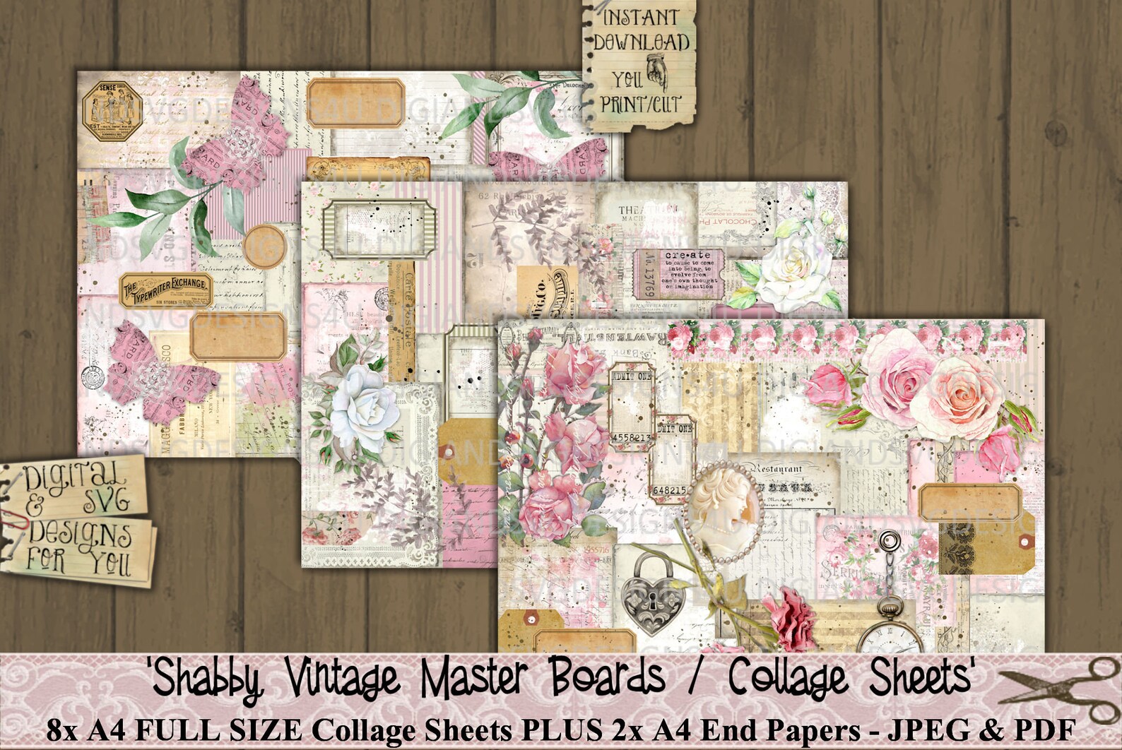 Shabby, Vintage, Master Board, Collage Sheet, Roses, Printable, Digital ...