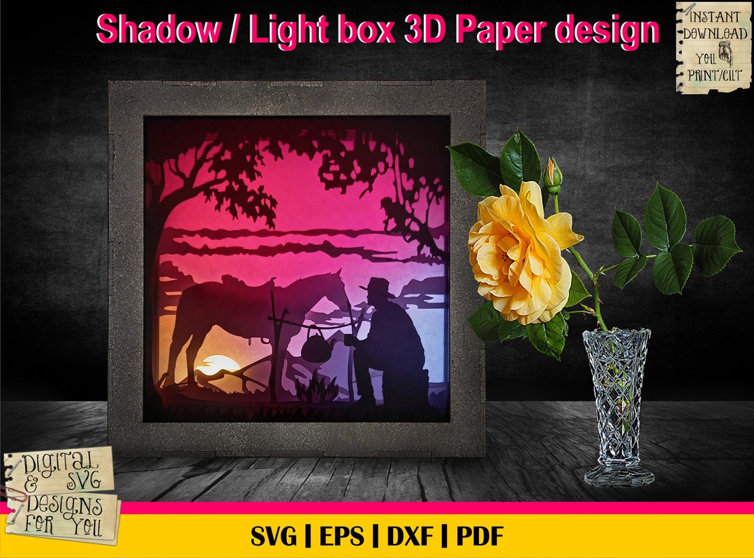 Cowboy Campfire 3D Shadow Box Template, Light Box SVG, 3D Shadow Box ...