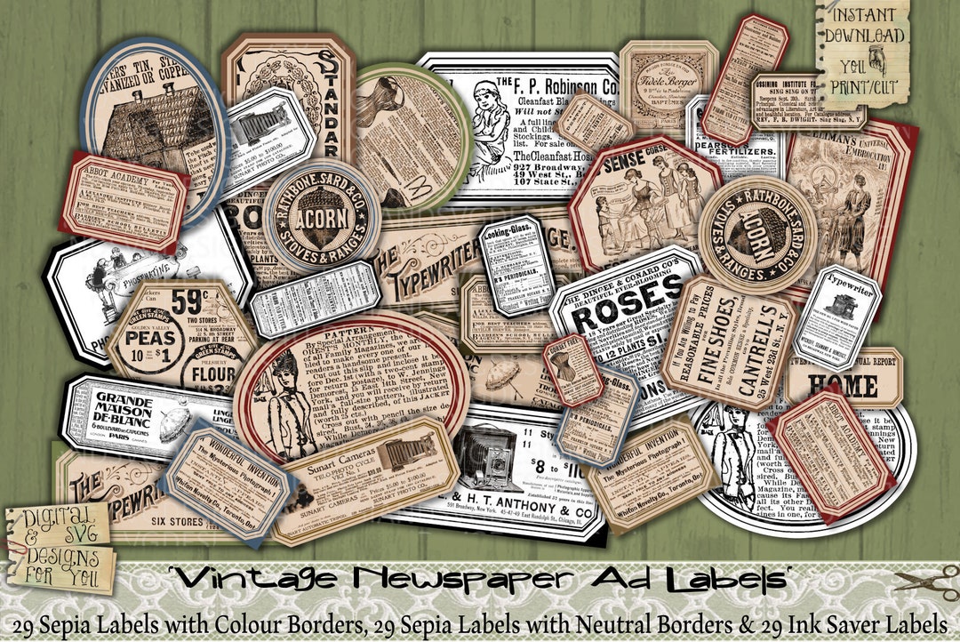 Vintage, Newspaper, Ads, Advertisement, Labels, Sepia, Ink Saver ...