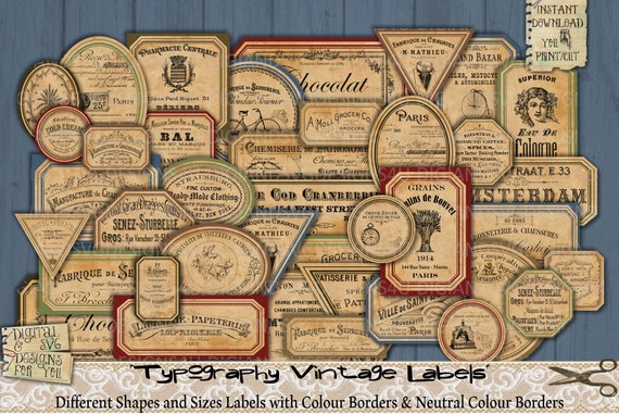 Typography Vintage Labels Sepia Prints Text Numbers | Etsy