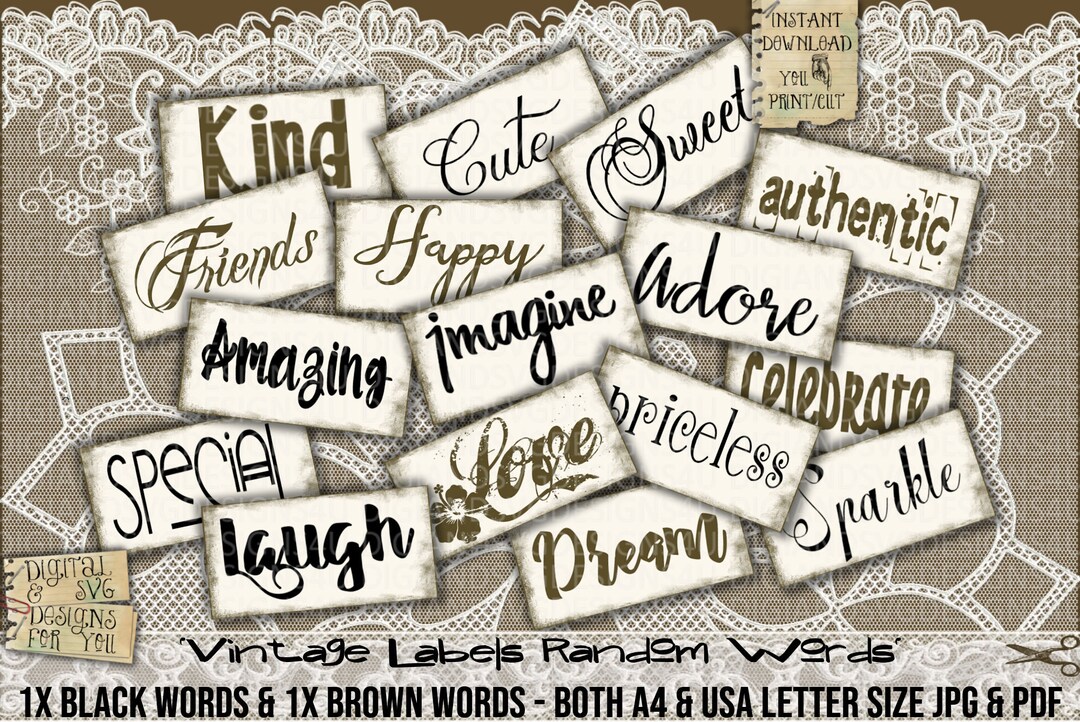Vintage, Labels, Random Words, Inspirational Words, Printable, Junk ...