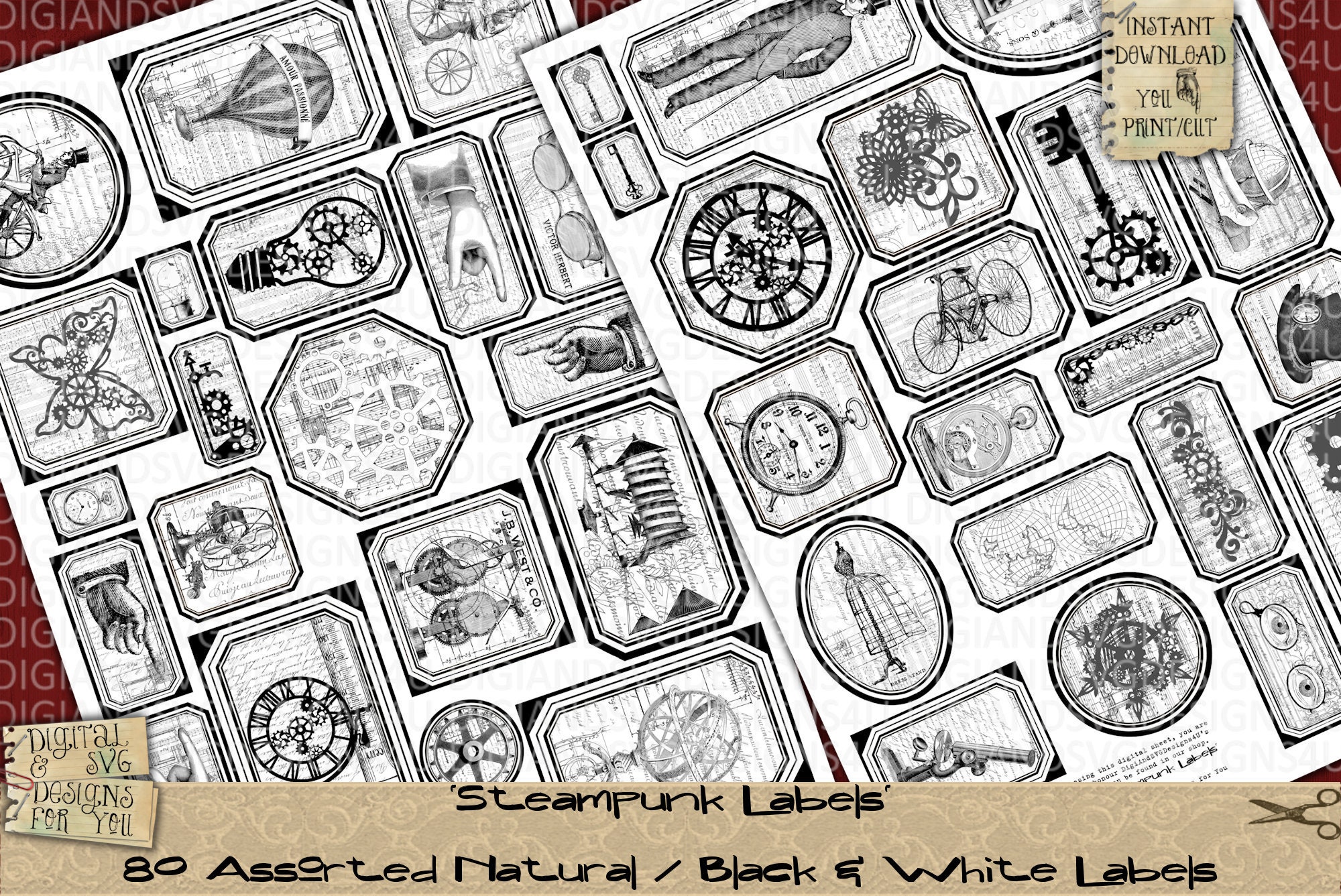 Steampunk Labels Vintage Text Grunge Printable Junk | Etsy