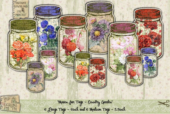 Printable Mason Jars Tags Country Garden Flowers MJ021 | Etsy