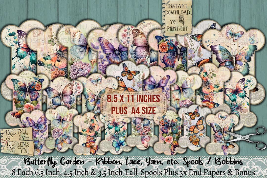 Butterfly Garden, Ribbon, Lace, Spools, Bobbins, RS04, Shabby Vintage ...