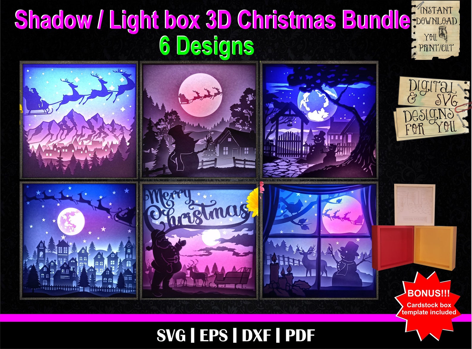 Christmas Bundle 3D Shadow Box Templates 3D Light Box - Etsy