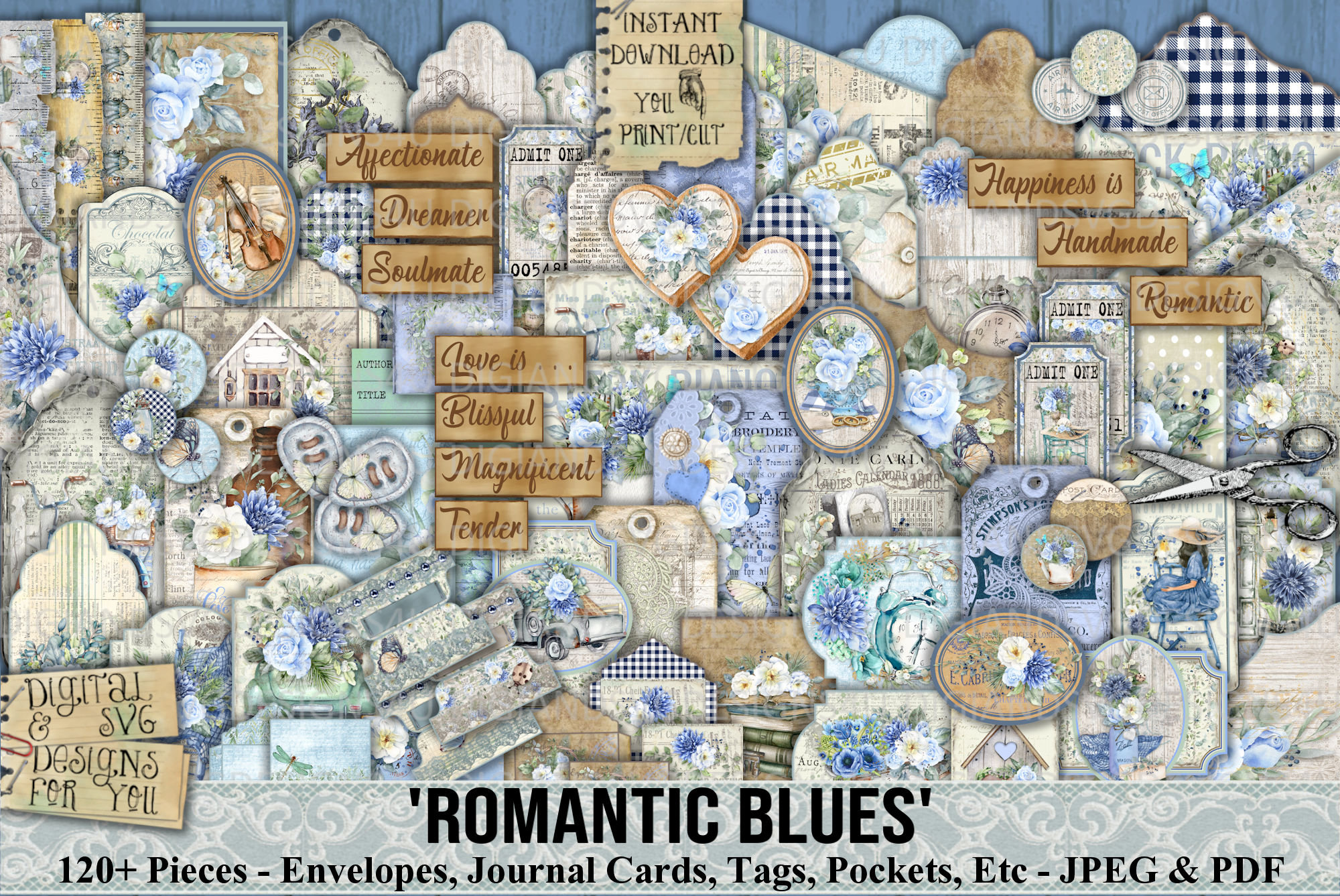 Romantic Blues, Shabby Chic, Ephemera, Embellishment, Words, Tags ...