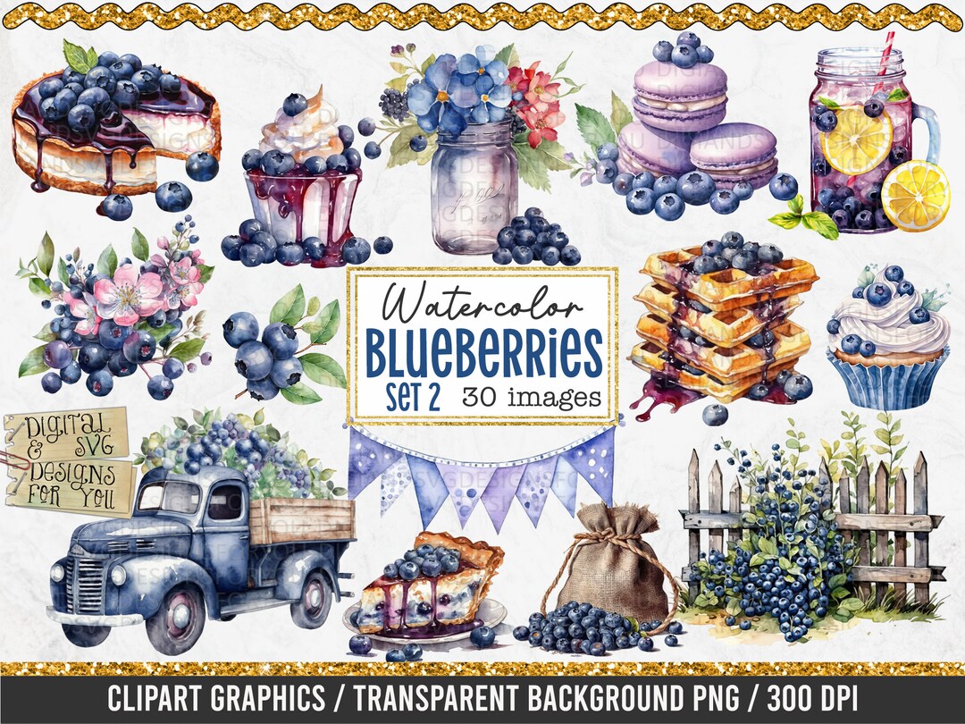 Watercolor Blueberries Clipart Bundle - 30 PNG Images, Blueberry ...