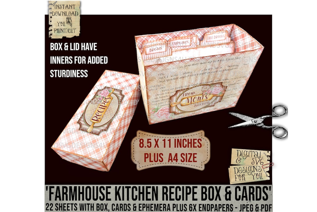 Recipe Box and Cards, Farmhouse Kitchen, DIY, Storage, Digital Kit ...