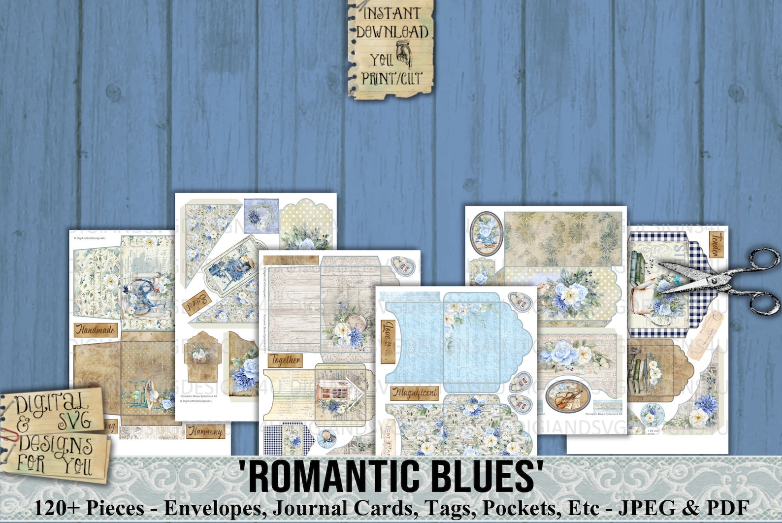 Romantic Blues, Shabby Chic, Ephemera, Embellishment, Words, Tags ...