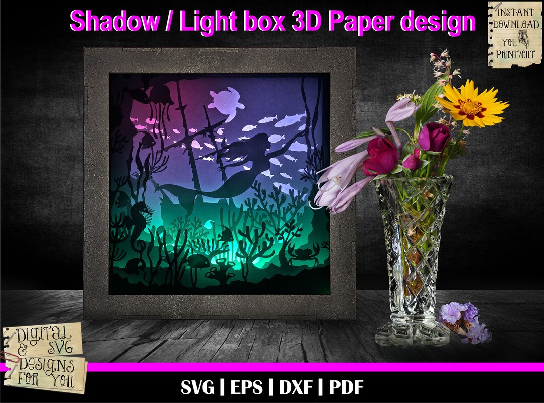 Mermaid 1 - 3D Shadow Box Template, Light Box SVG, 3D Shadow Box SVG ...
