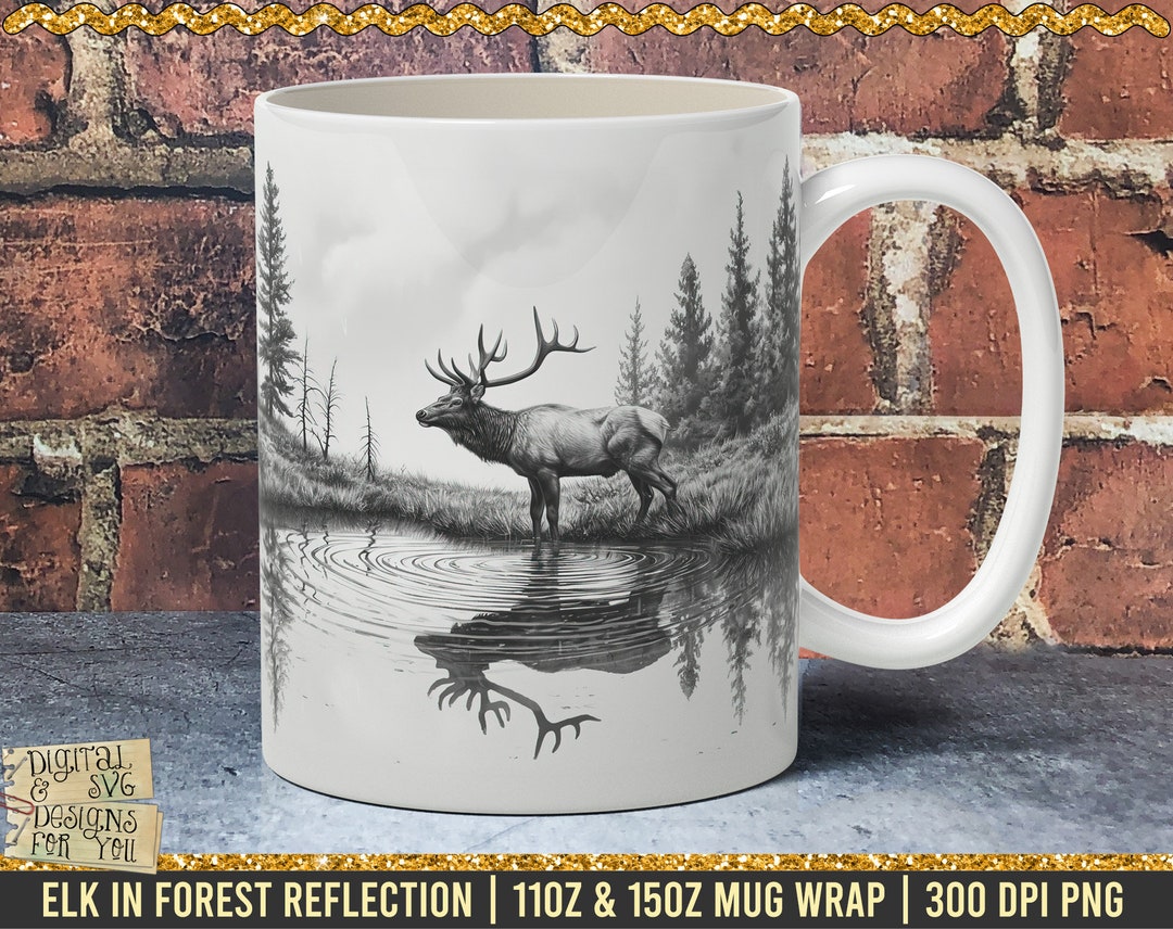 Elk in Forest Reflection Mug Wrap, 11oz & 15oz Mug Designs, Lake Mug ...