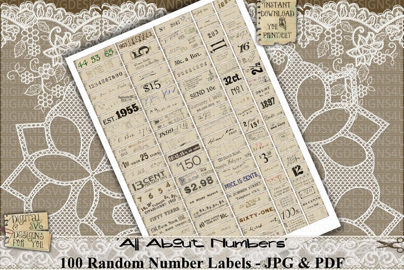Vintage Numbers Labels Tags Planner Grunge Printable | Etsy