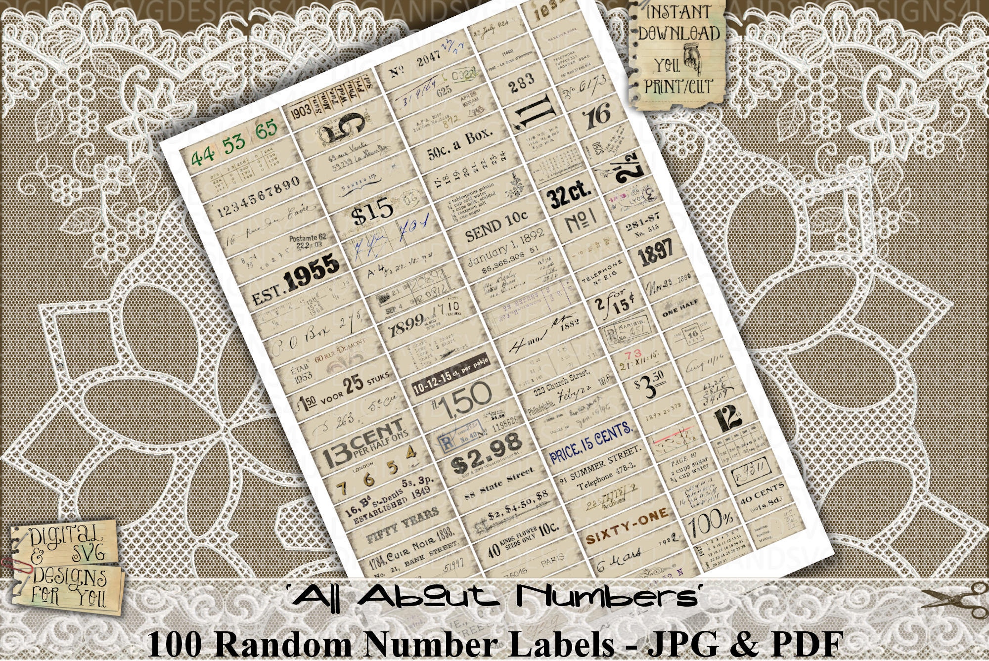 Vintage Numbers Labels Tags Planner Grunge Printable | Etsy