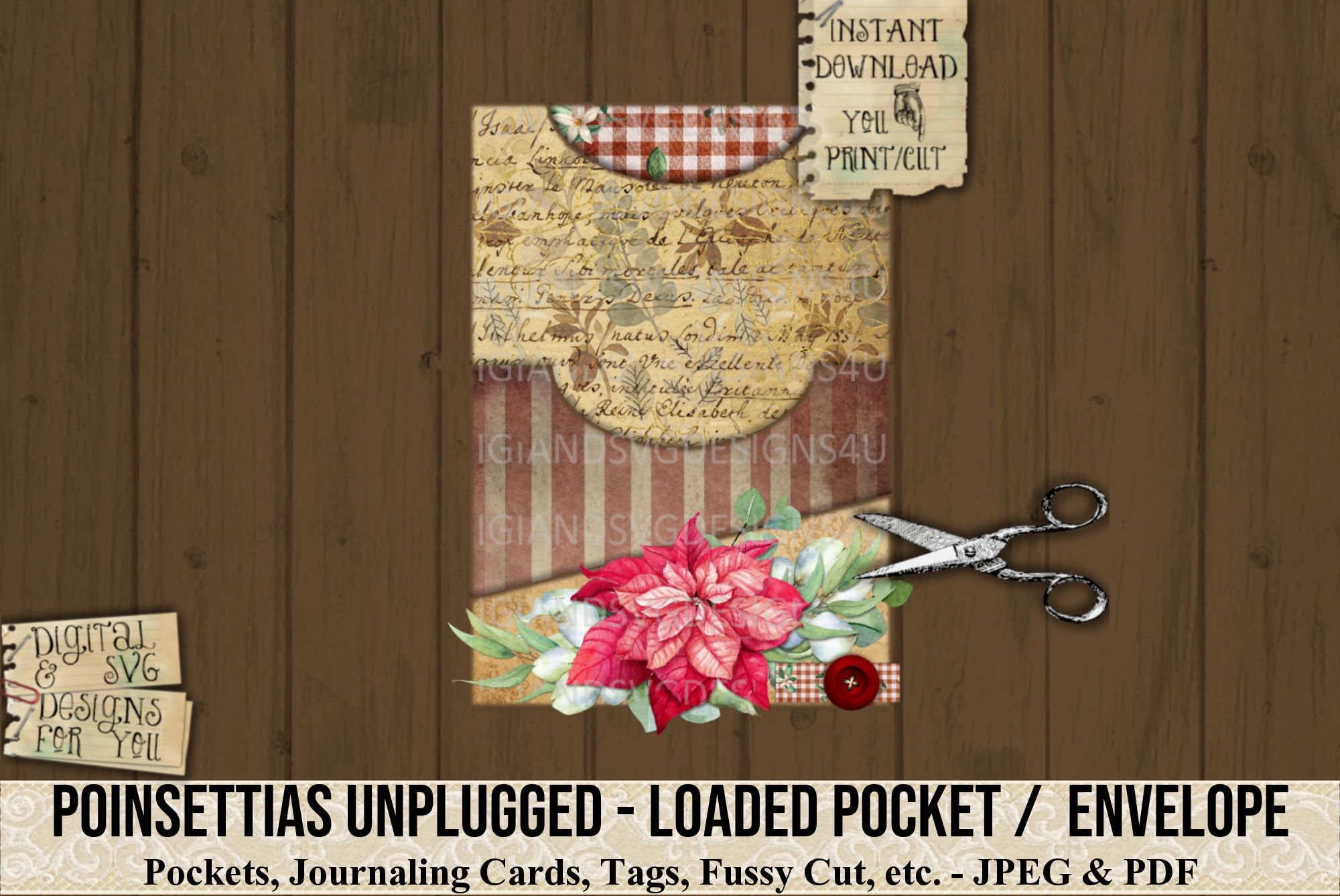 Poinsettia Loaded Pocket Envelope Shabby Vintage - Etsy