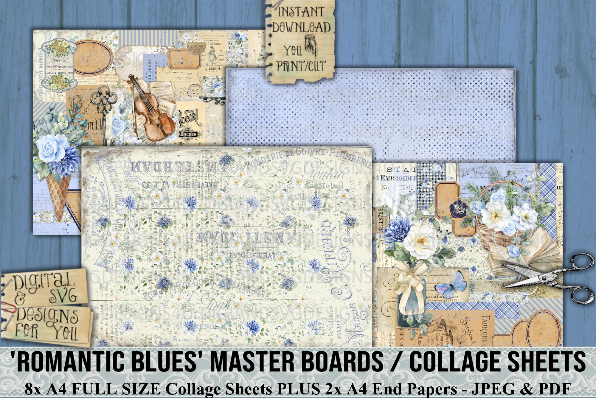 Romantic Blues, Collage Sheets, Shabby, Vintage, Master Board, Roses ...