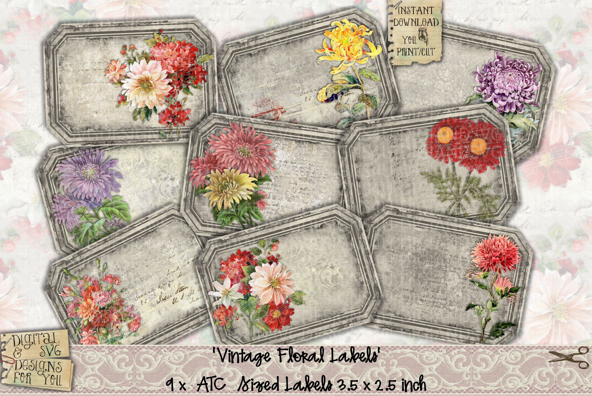 Vintage Labels Floral ATC Grunge Printable Junk Journal - Etsy
