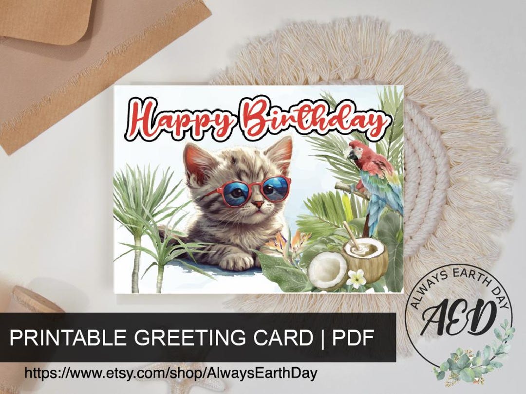 Printable Birthday Card for Kids, Cat Birthday Card, Happy Birthday ...