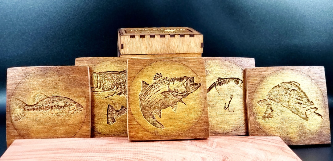 Rustic Engraved Wood Fishing Coaster Set With Wood Case - Perfect Gift ...